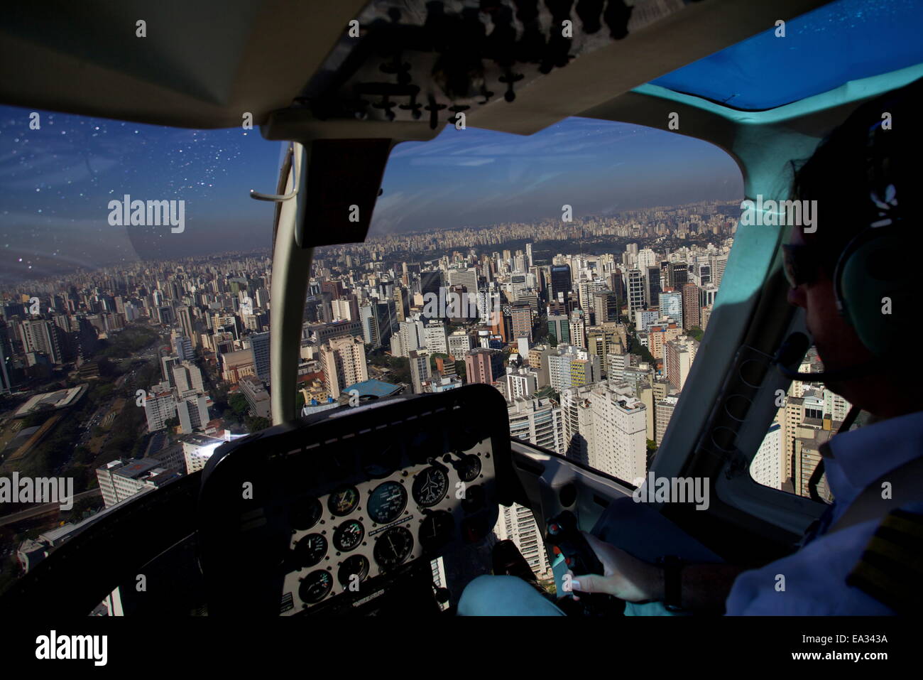 On board the helicopter taxi over Sao Paulo, Brazil, South America ...