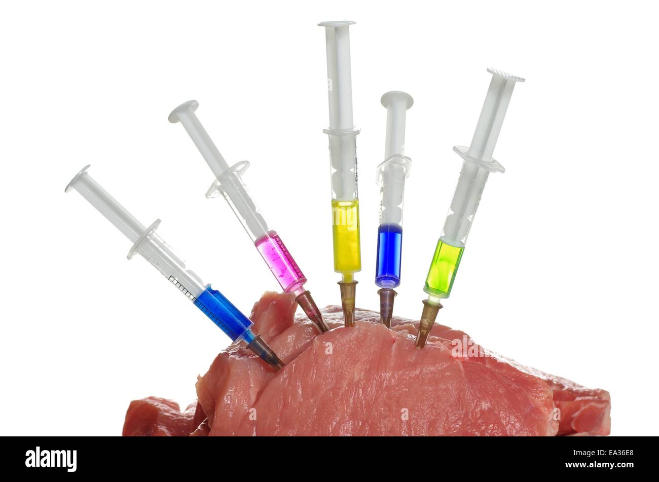 Injection into fresh meat on white background Stock Photo - Alamy