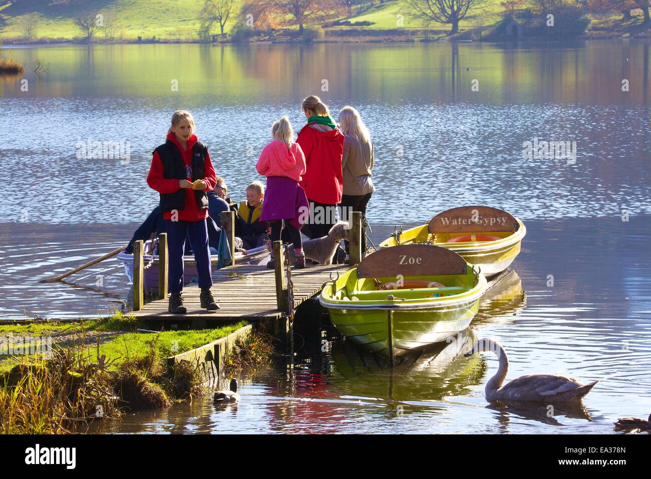 Family ready to go boating on Grasmere, Lake District National Park ...