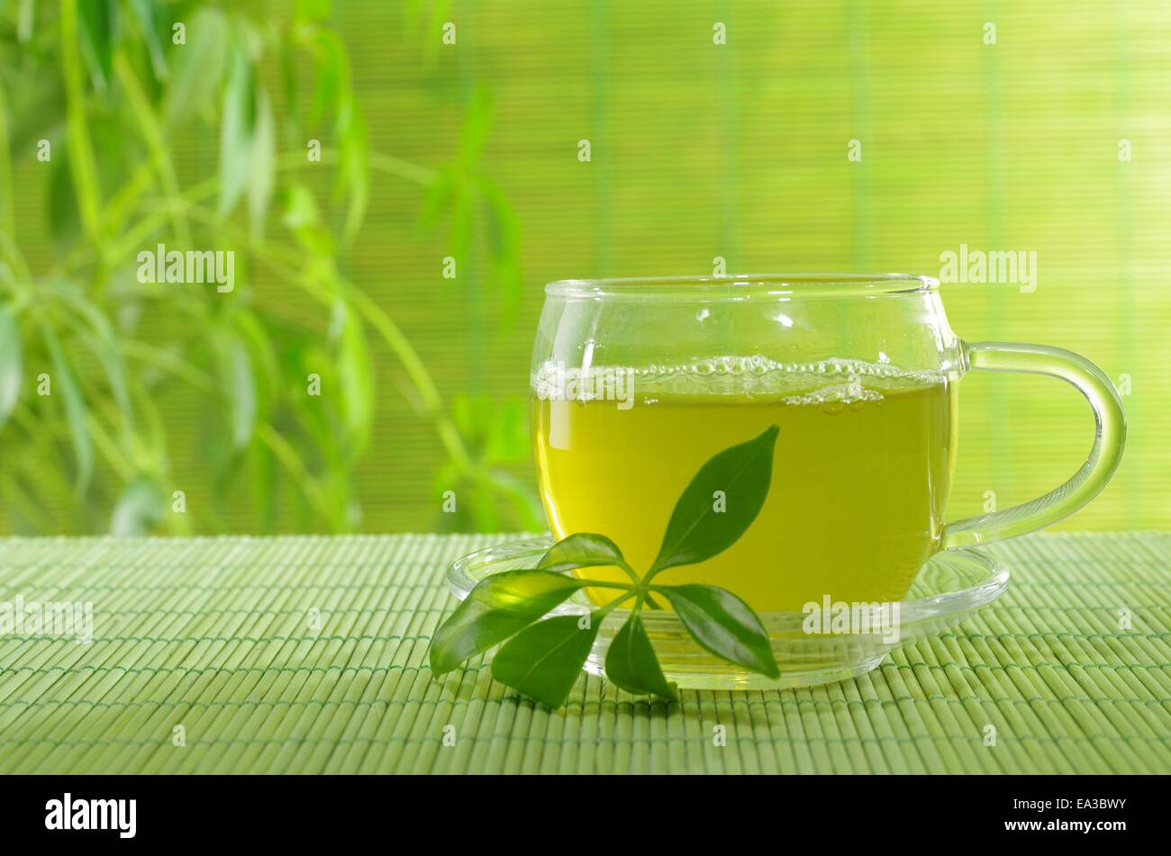 green tea in cup on plants' background Stock Photo - Alamy