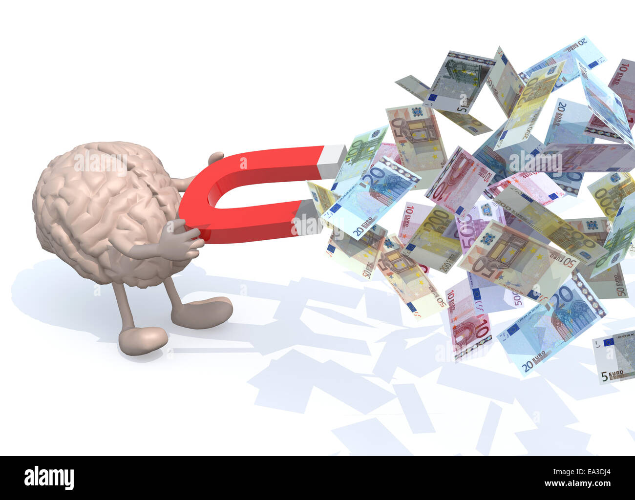 human brain with arms, legs and magnet on hands, catch many euro ...
