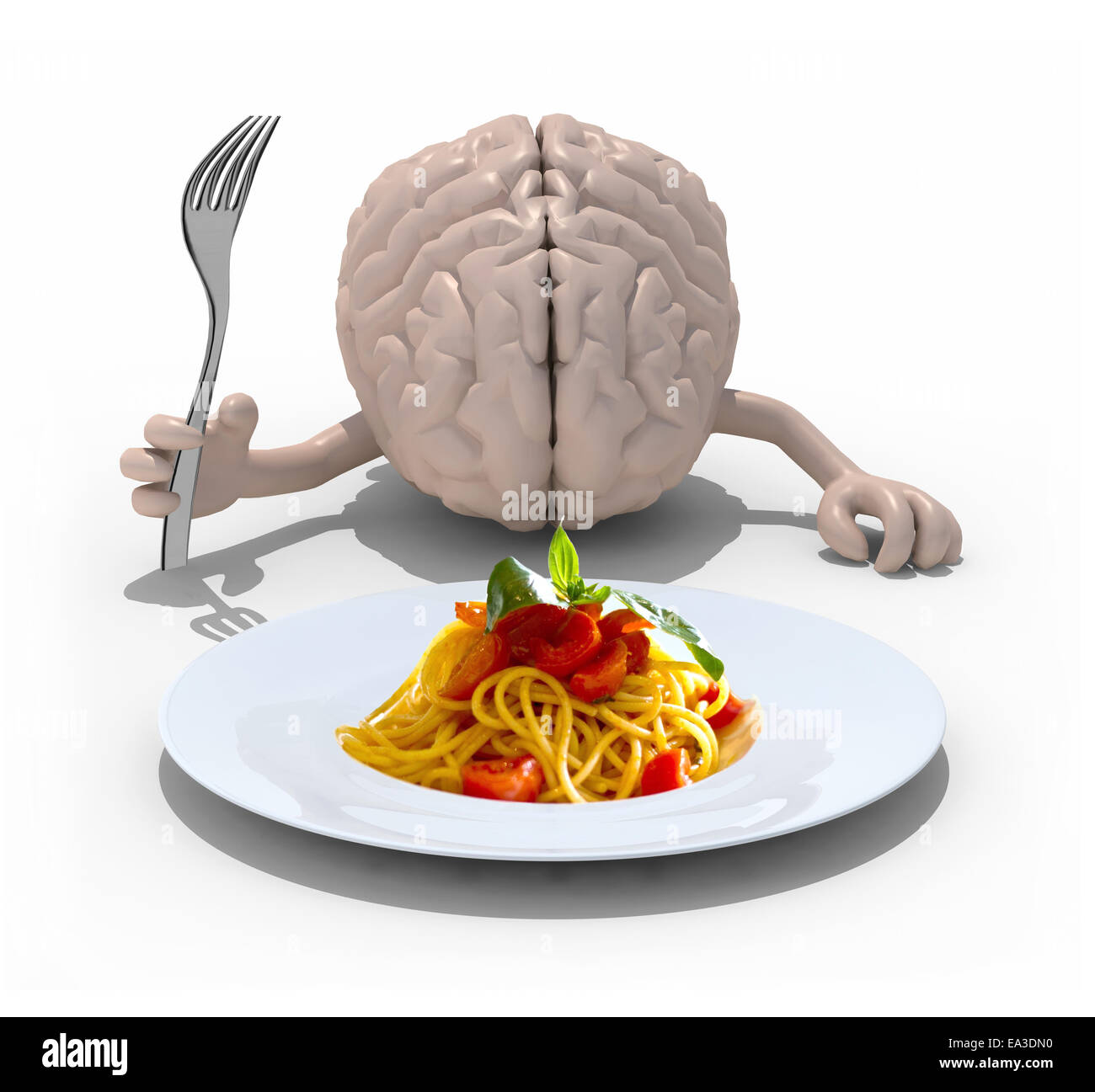 human brain with hands and fork in front of a spaghetti dish, 3d ...