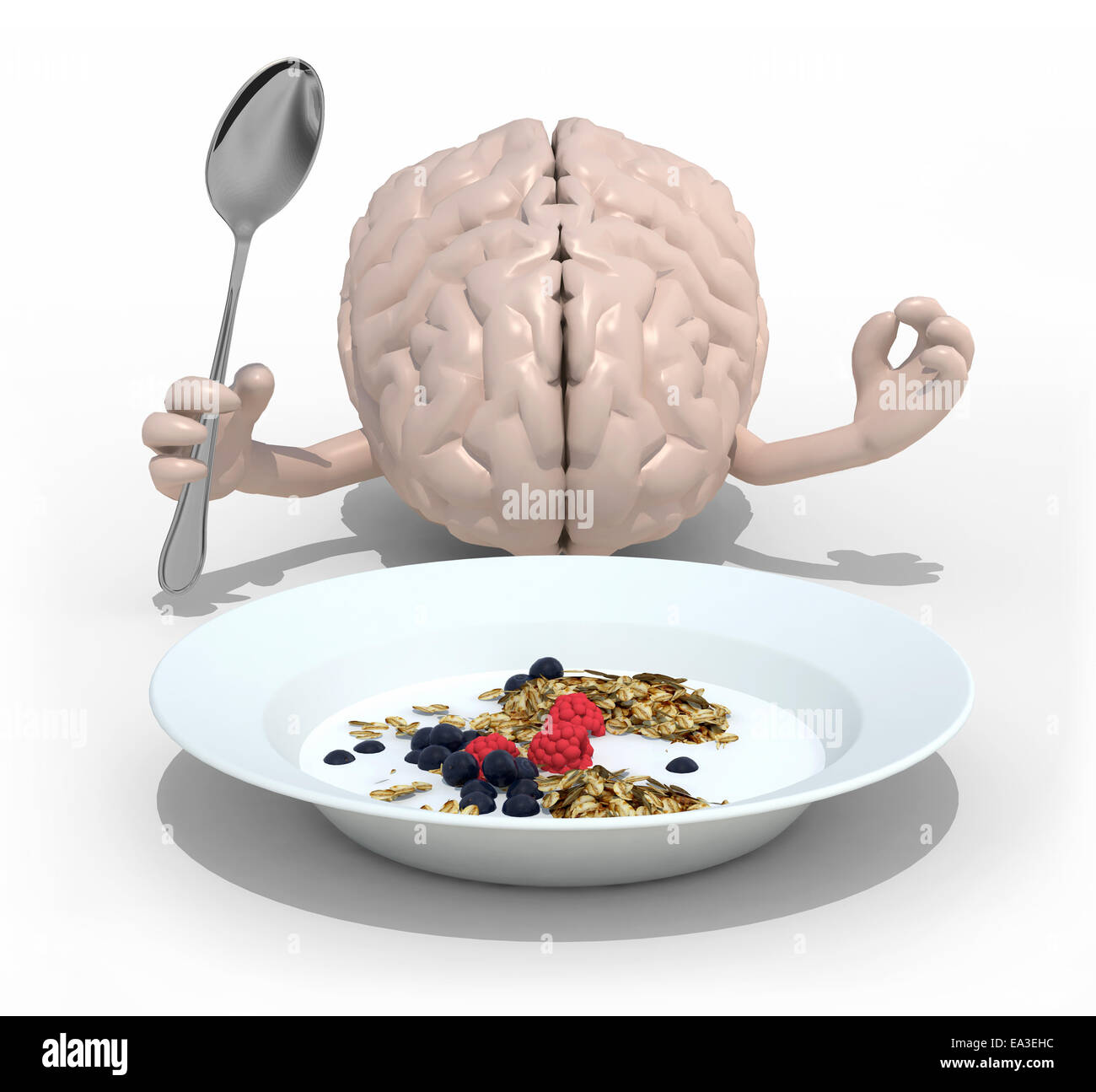 human brain with hands and fork in front of a cerealsi dish, 3d ...