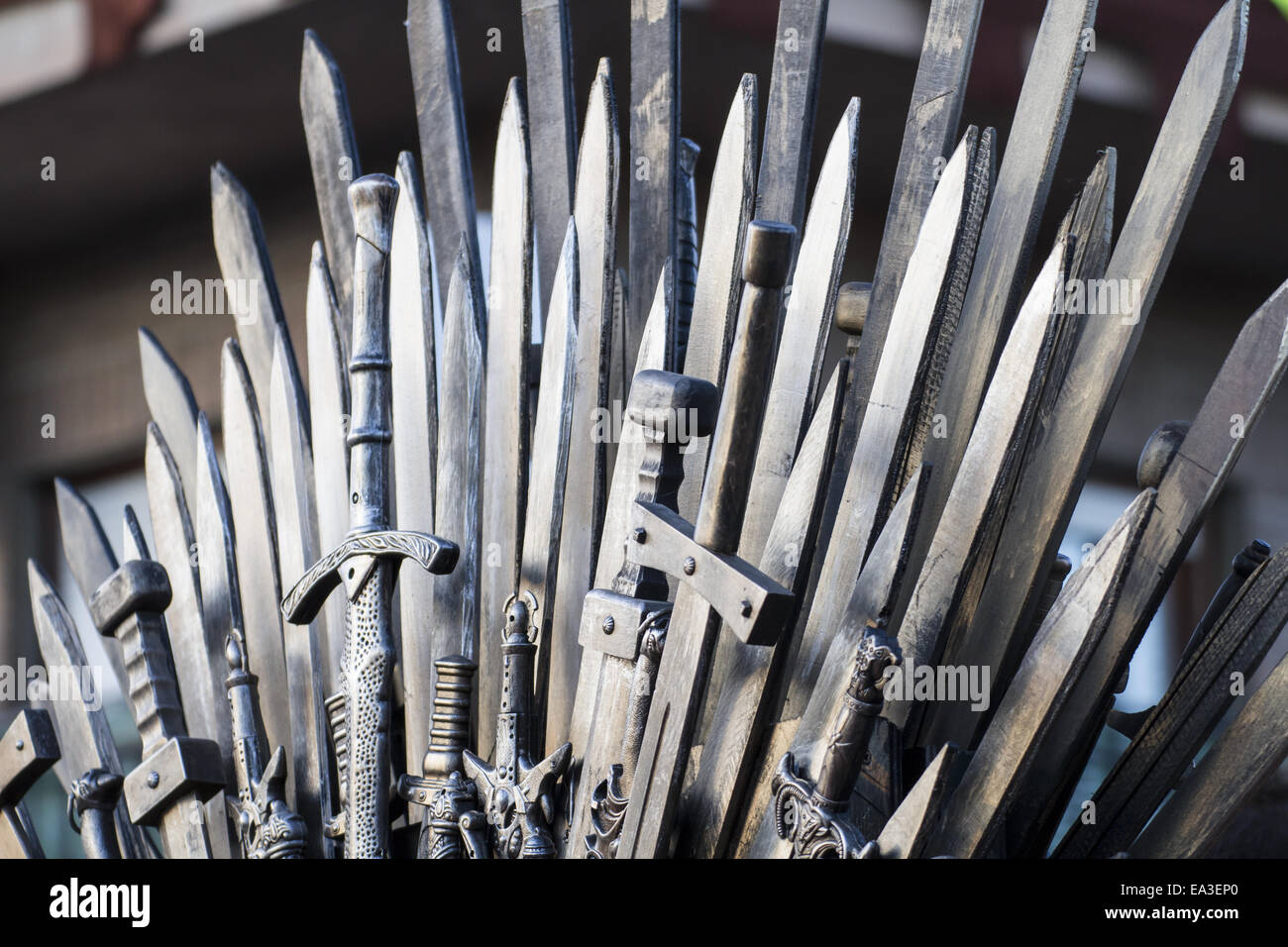 throne made of swords in a medieval fair Stock Photo - Alamy