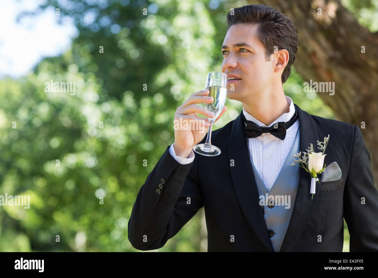 Thoughtful groom drinking champagne Stock Photo - Alamy
