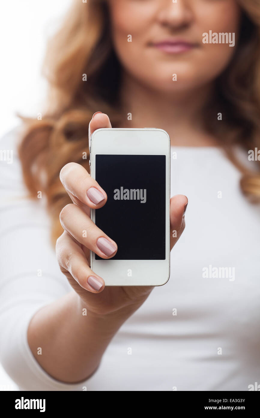 Woman hold cellphone on white Stock Photo - Alamy