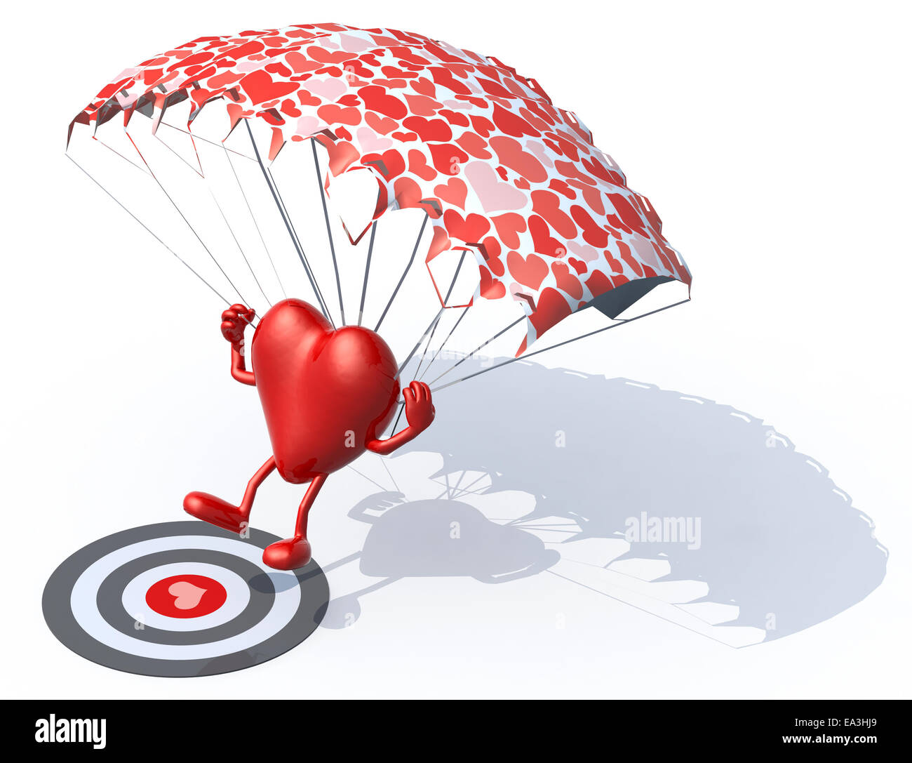 heart that is landing with parachute on a target, 3d illustration Stock ...
