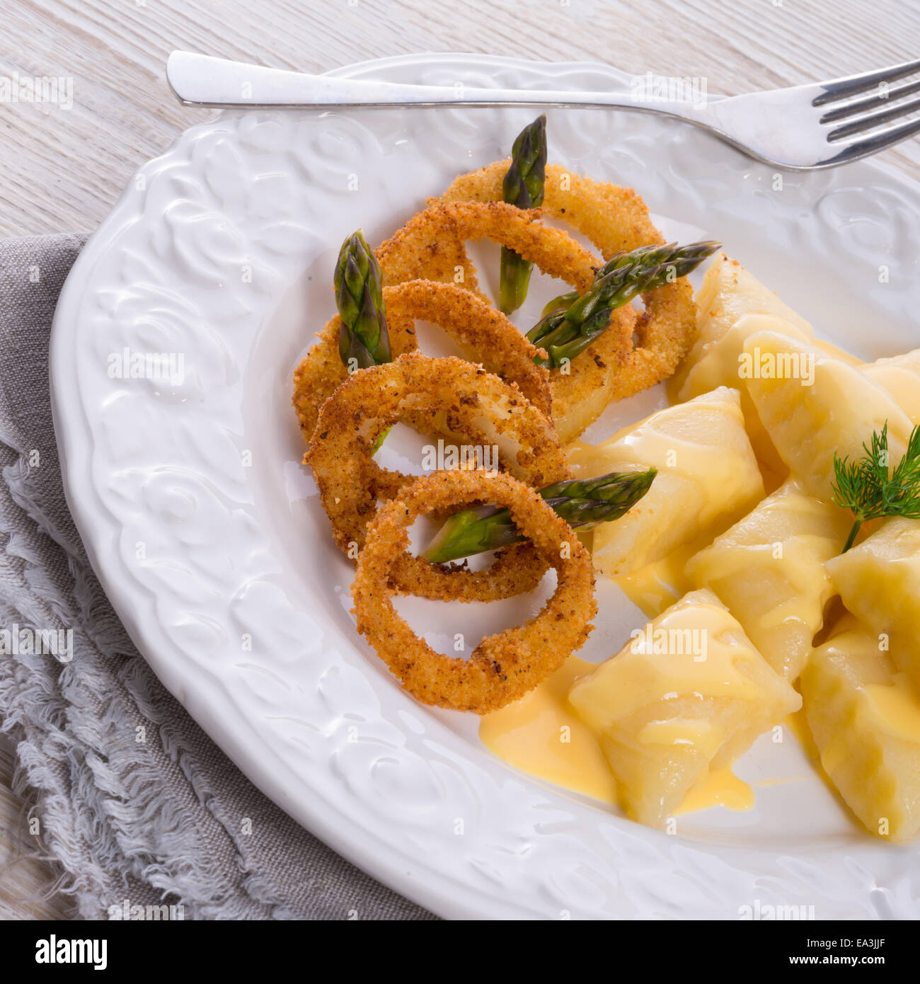 Onion ring white potato dumpling Stock Photo - Alamy