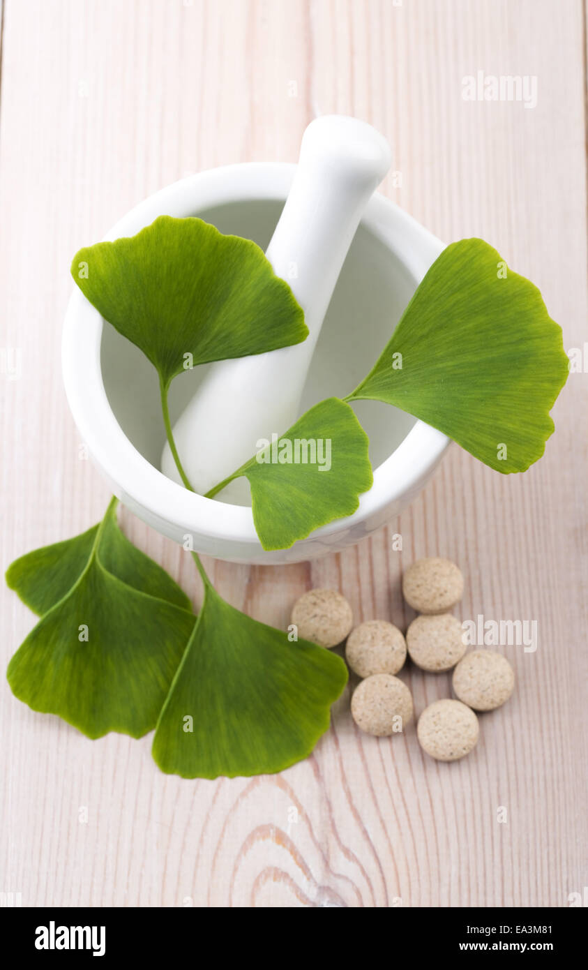 Ginkgo biloba leaves in mortar and pills Stock Photo - Alamy