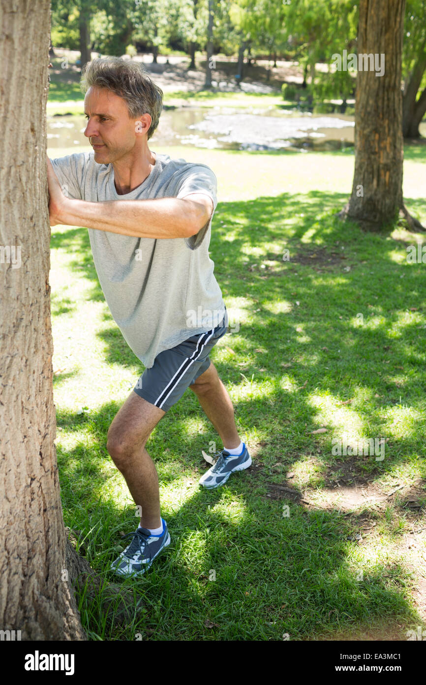 Man stretching against tree Stock Photo - Alamy