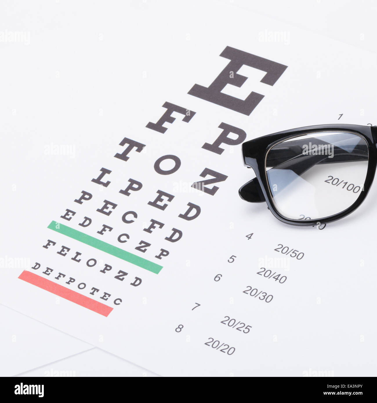 Eyesight test table with glasses over it - studio shot Stock Photo - Alamy