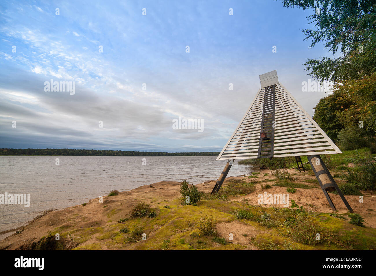 Coastal navigation sign, Volga River, Tver region, Russia Stock Photo ...