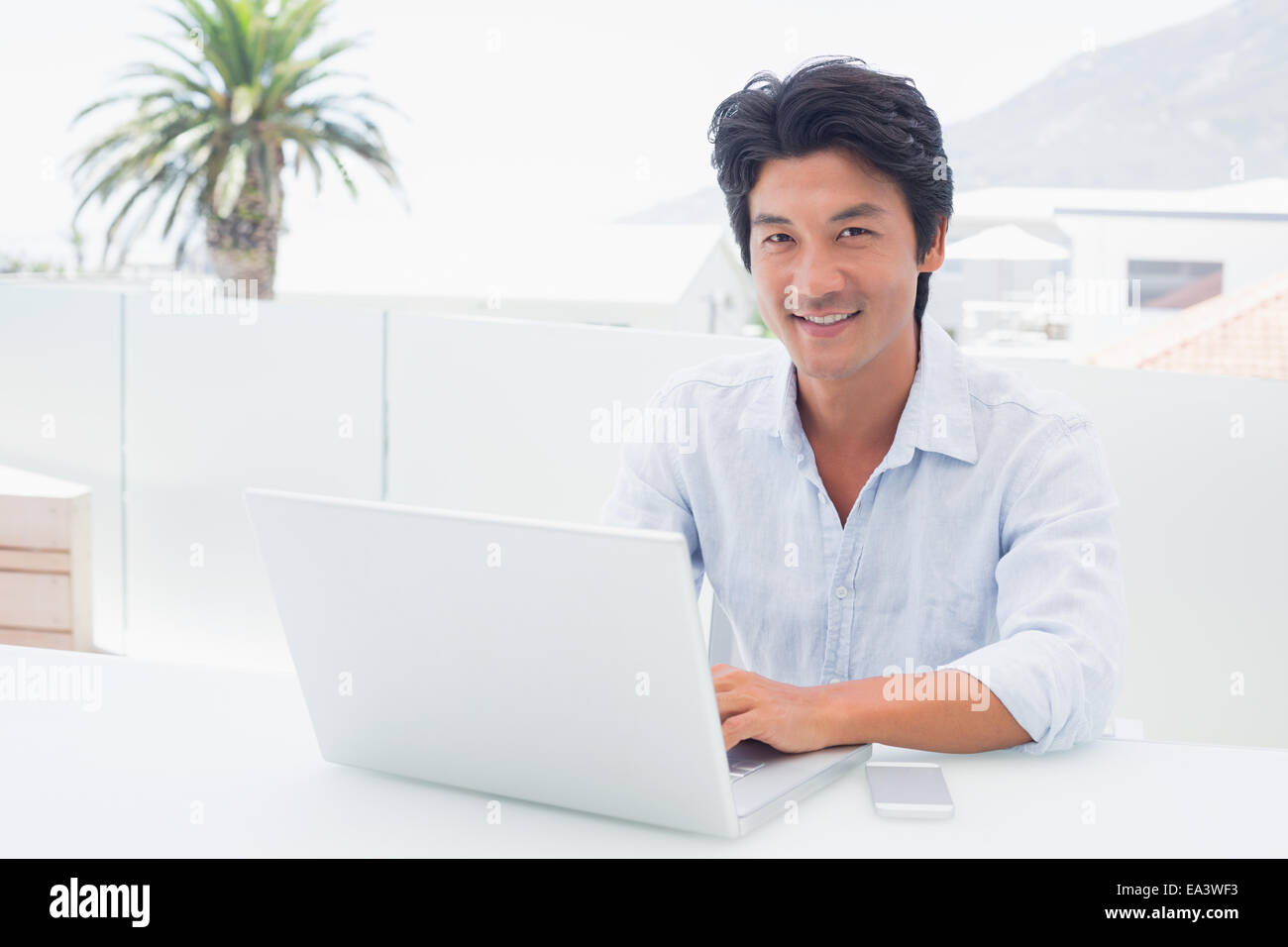 Smiling man using his laptop Stock Photo - Alamy