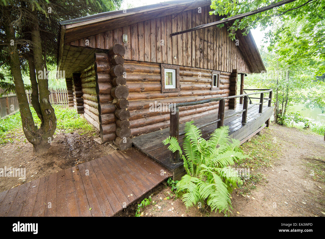 Wooden cottage near river, sauna, Kostroma region, Russia Stock Photo ...
