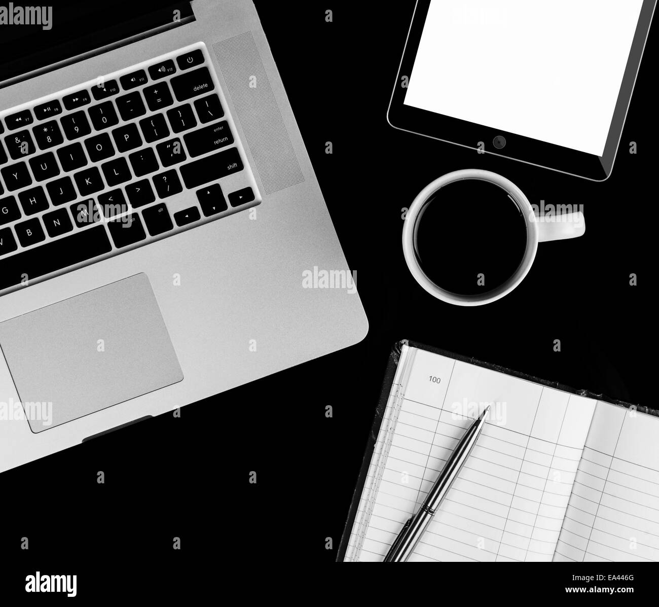 Cup coffee laptop notebook Black and White Stock Photos & Images - Alamy