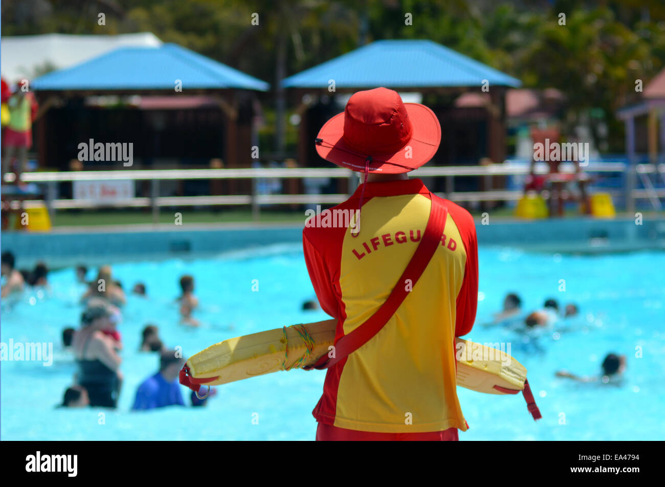 GOLD COAST, AUS - OCT 30 2014:Australian Lifeguard in Wet'n'Wild Gold ...