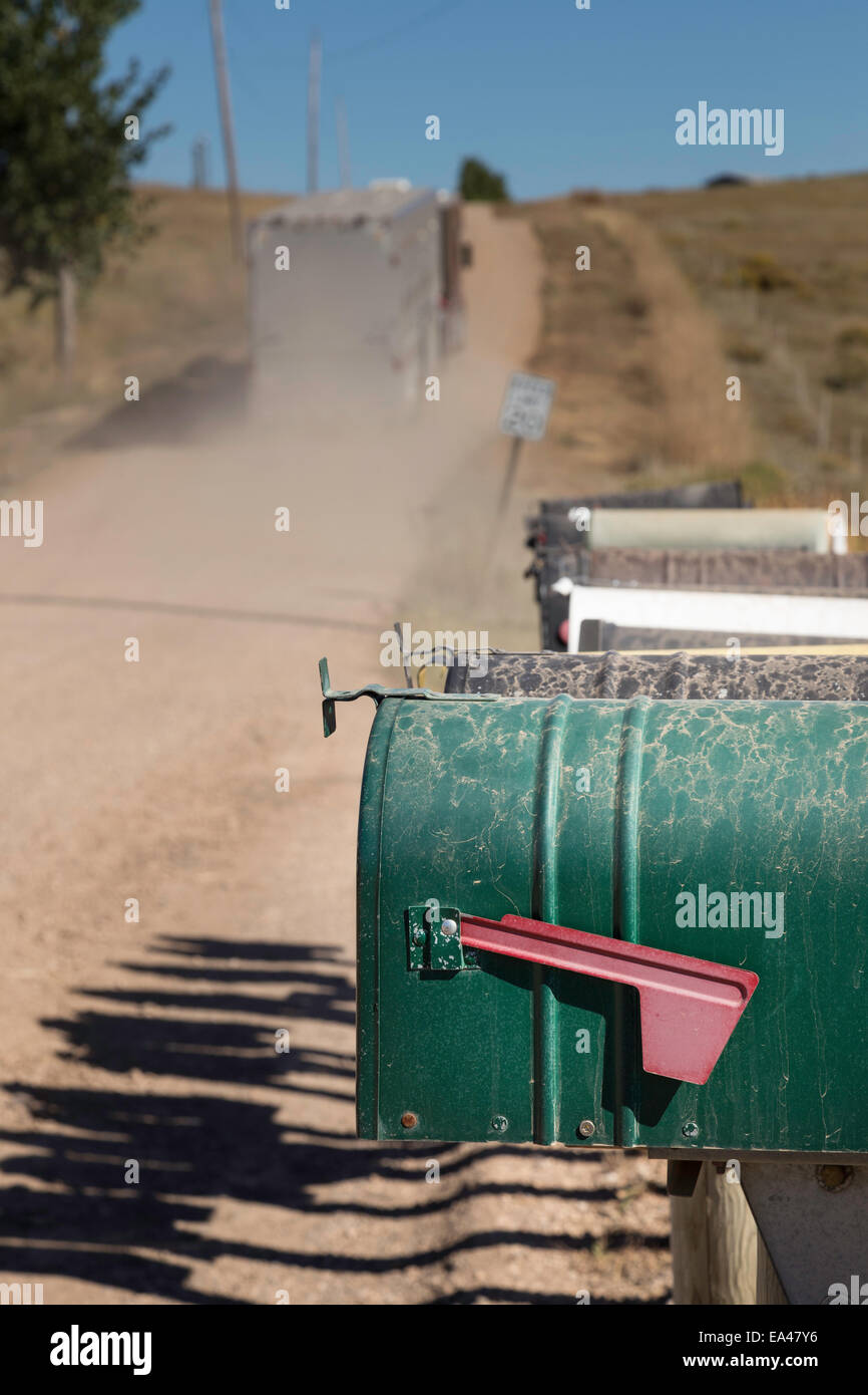 Line of Mailboxes (letterboxes) on Rural Dirt Road, South Dakota, USA ...