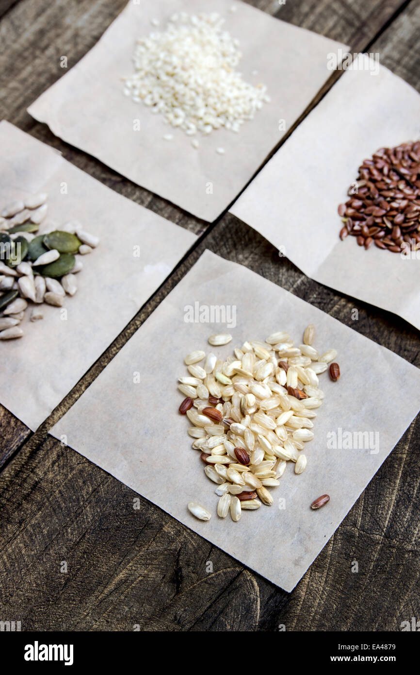 Seeds and cereals Different kind of seeds and cereals on the wooden ...