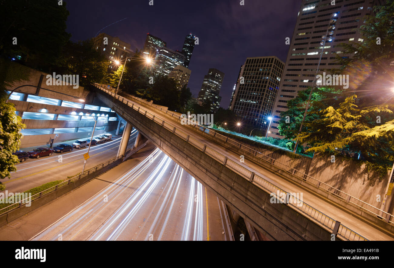 A long exposure at night over the expressway in Seattle Washington ...