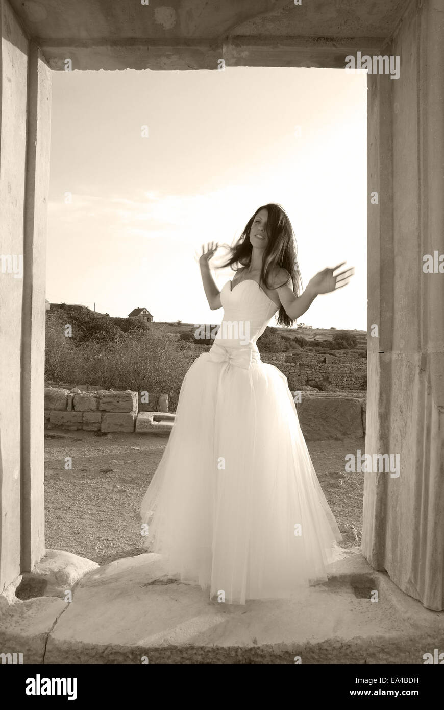 Beautiful bride in the white dress The greece ancient door. Black and ...