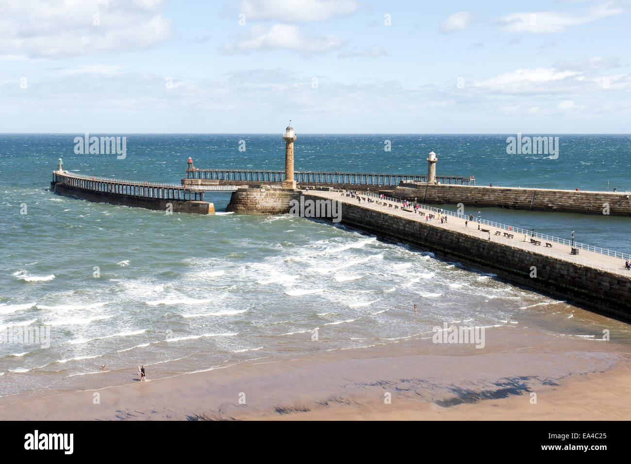 Whitby looking over the North Sea and west and east piers, North ...