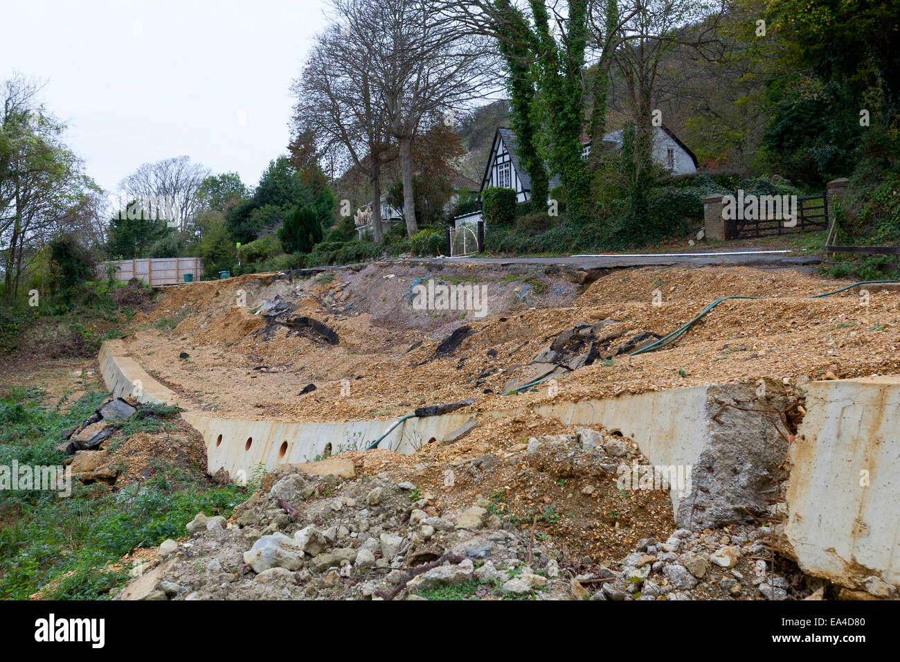 Landslip Land slide St Lawrence to Ventnor Undercliff drive road Isle ...