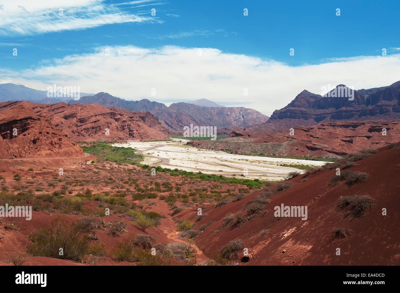 Mountainous landscape with red soil and rock in a valley; Valle de ...