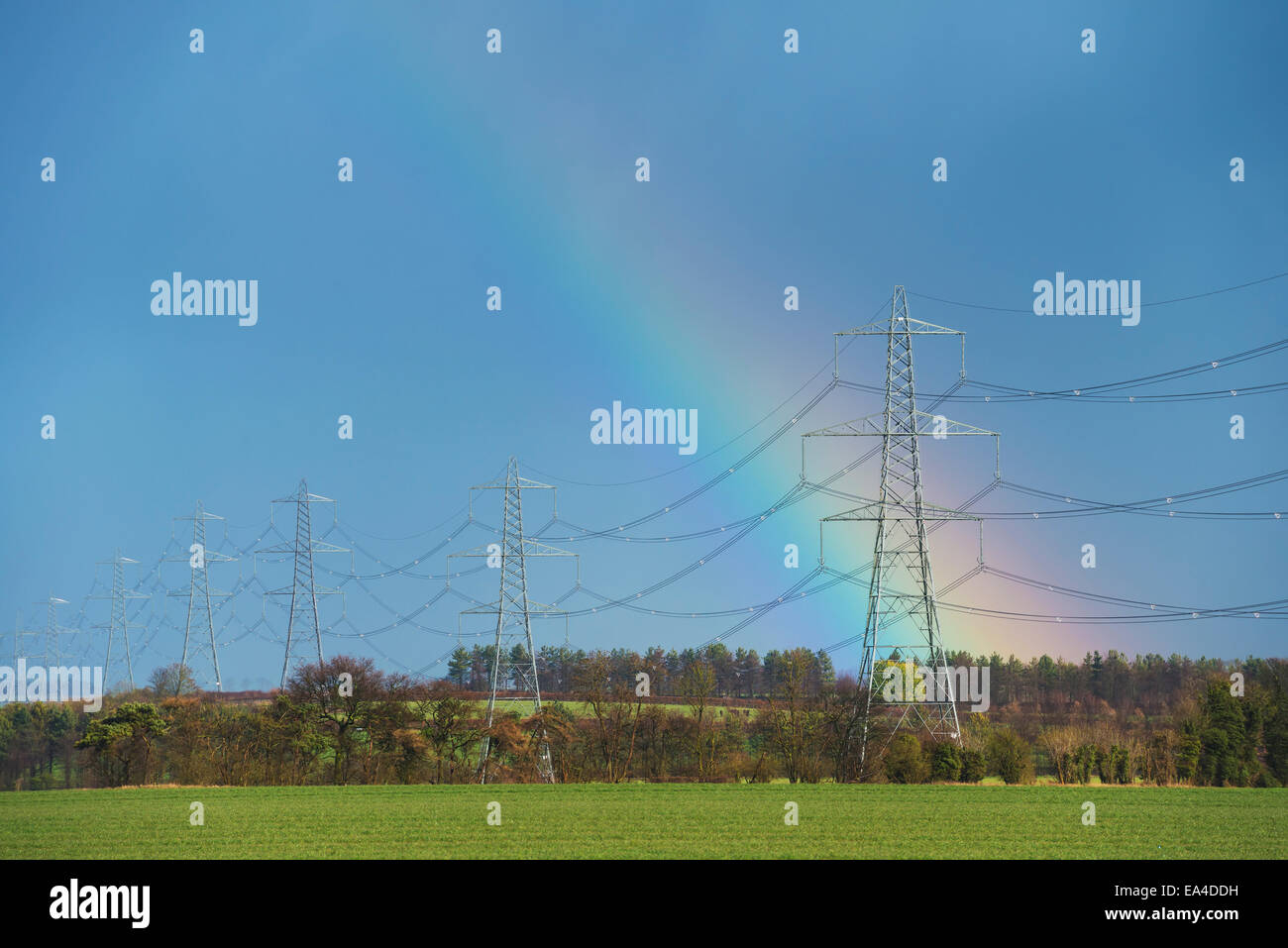 Rainbow behind high voltage electricity cables near Great Wilbraham ...