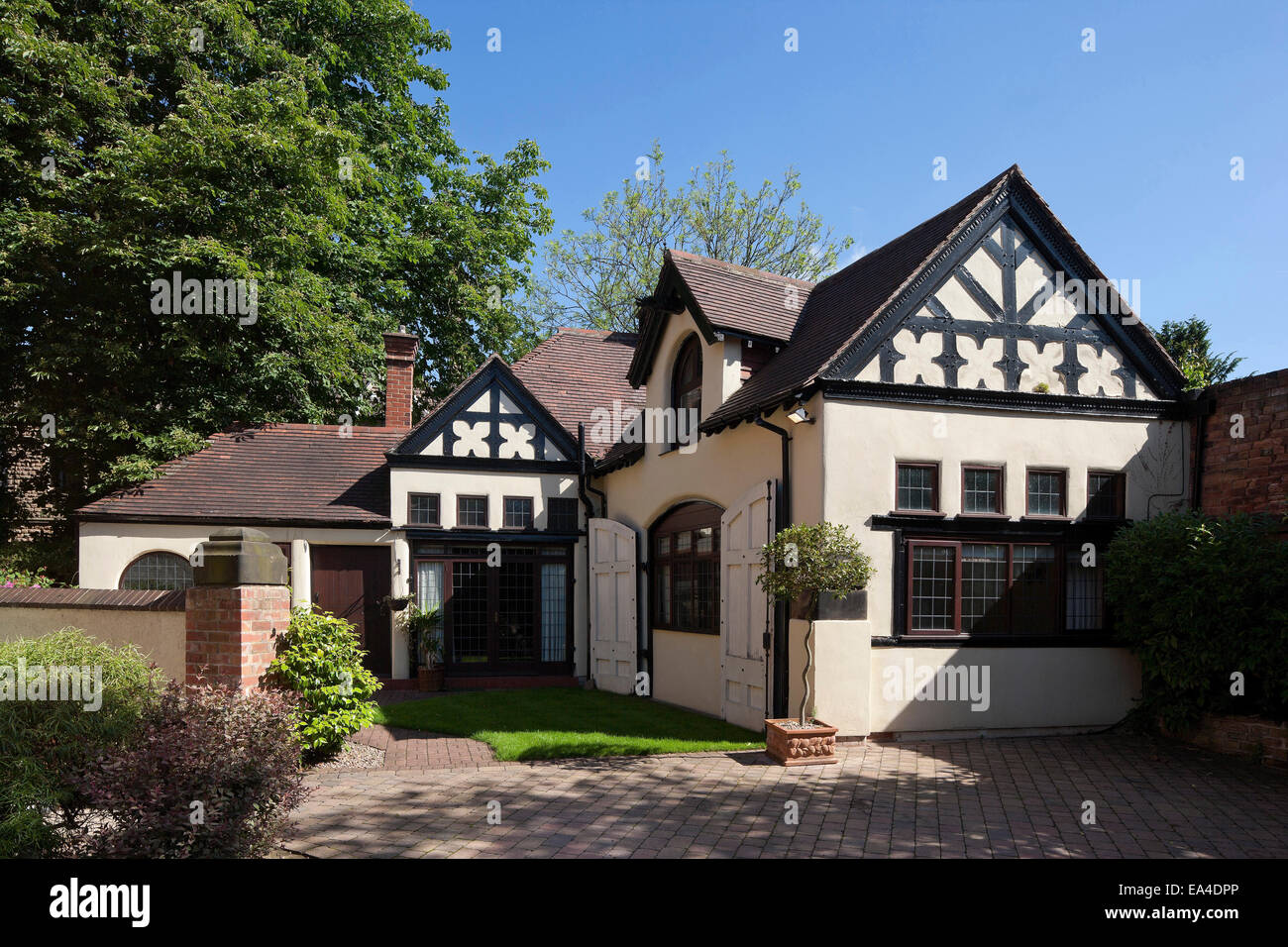 Timber framed exterior and driveway of Coach house, Hargreaves House ...