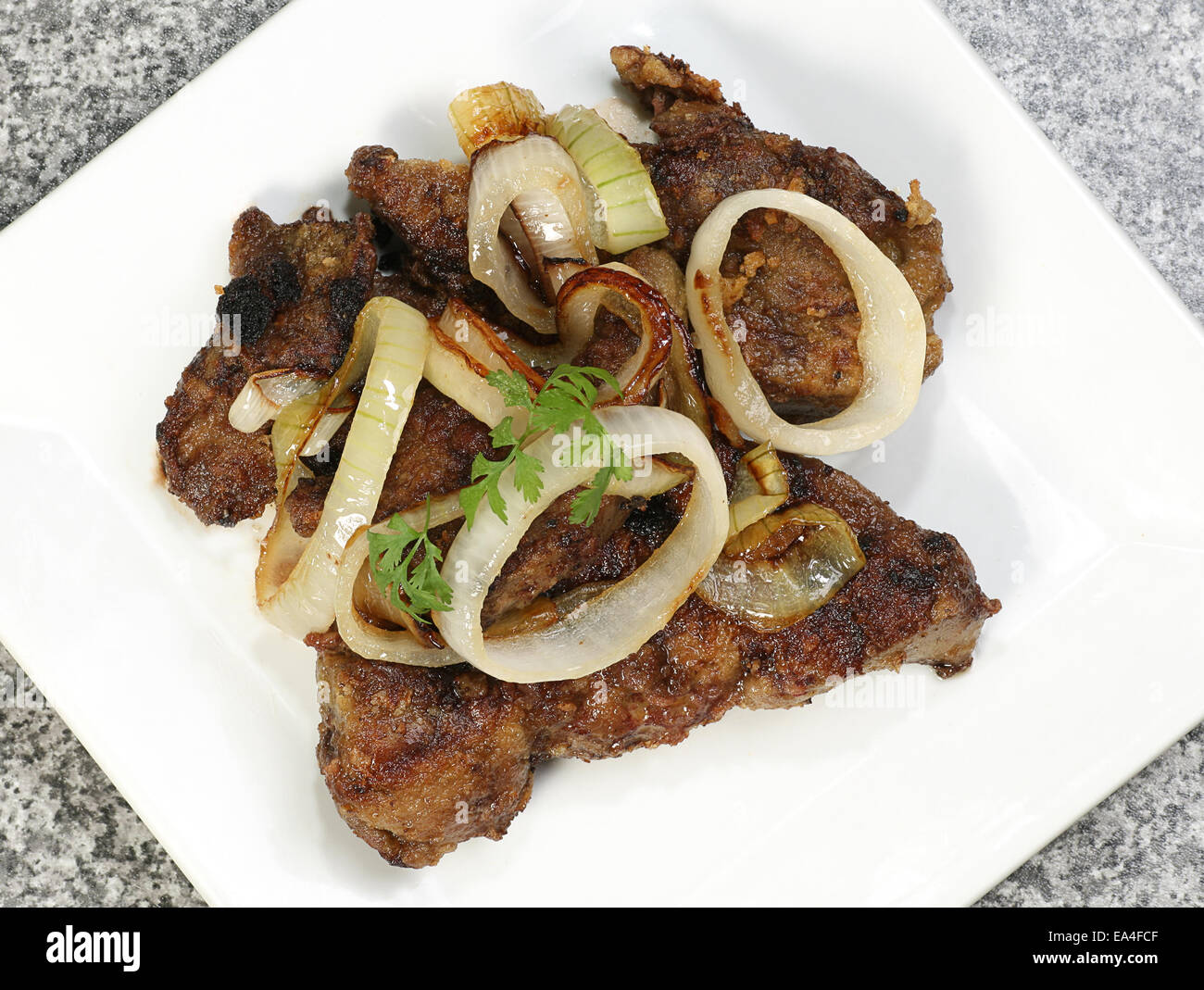 grilled liver and onions viewed from above Stock Photo - Alamy