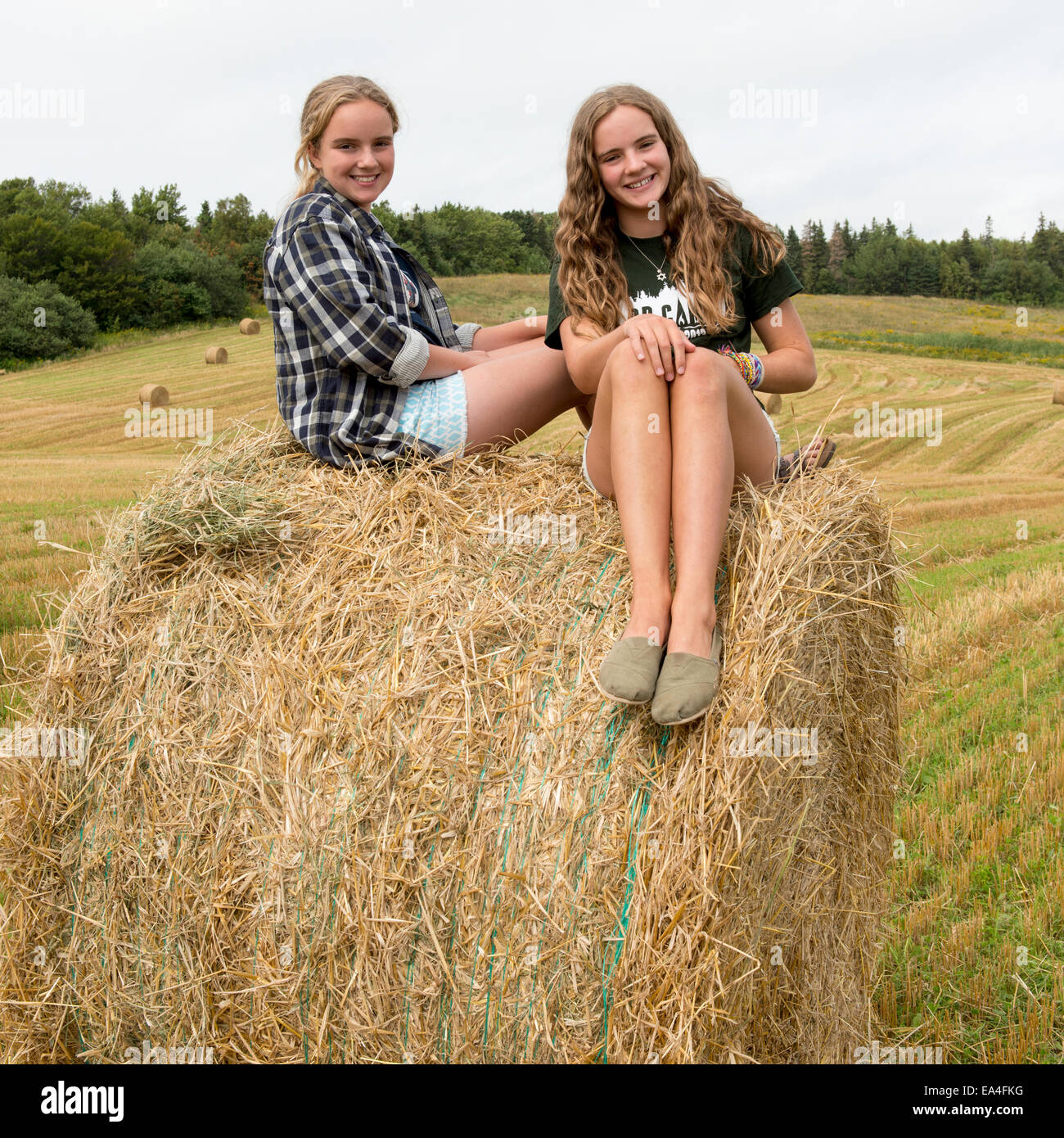 Two girls sit on top of a large hay bale in a field; Kensington, Prince ...