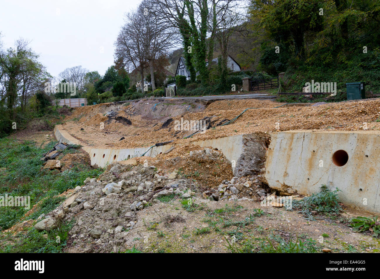 Landslip Land slide St Lawrence to Ventnor Undercliff drive road Isle ...
