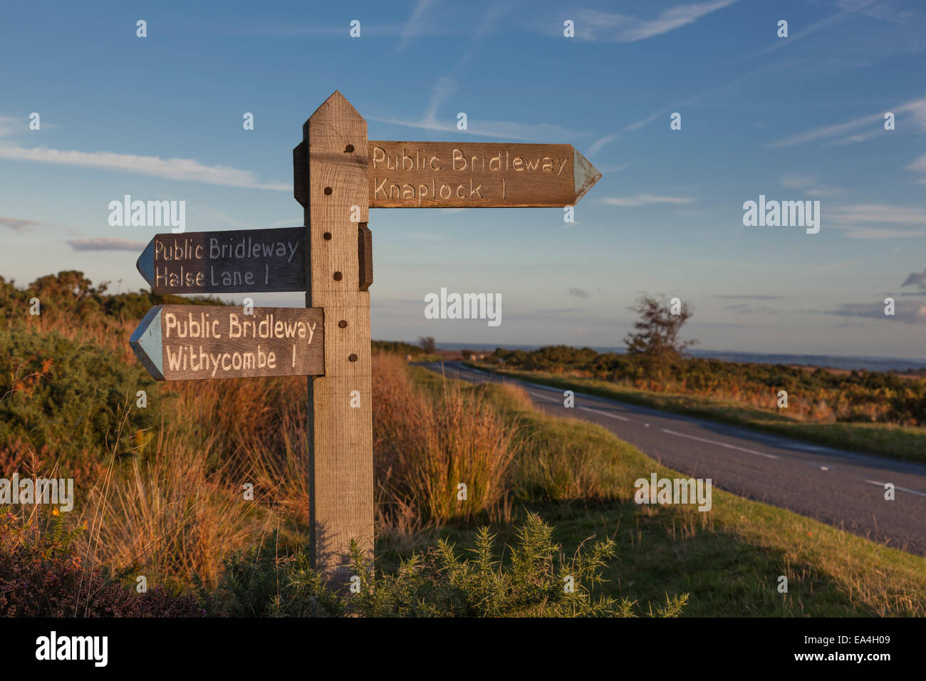 Wooden bridleway signpost on Exmoor bathed in late afternoon sun Stock ...