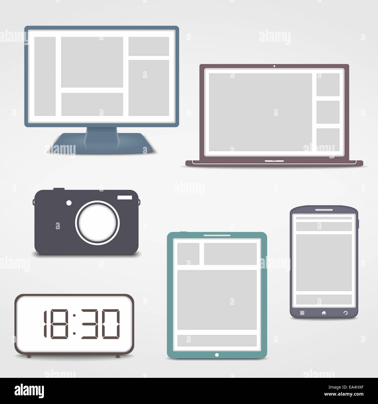 Colored electronics icons set - computer monitor, laptop, digital clock ...