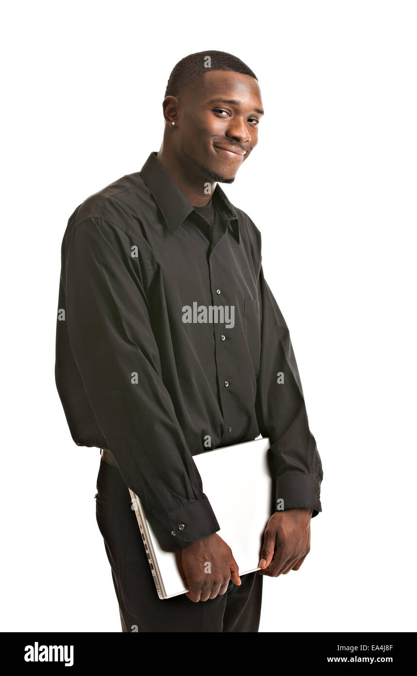 Young Black Male Holding Laptop Isolated on White Background Stock ...