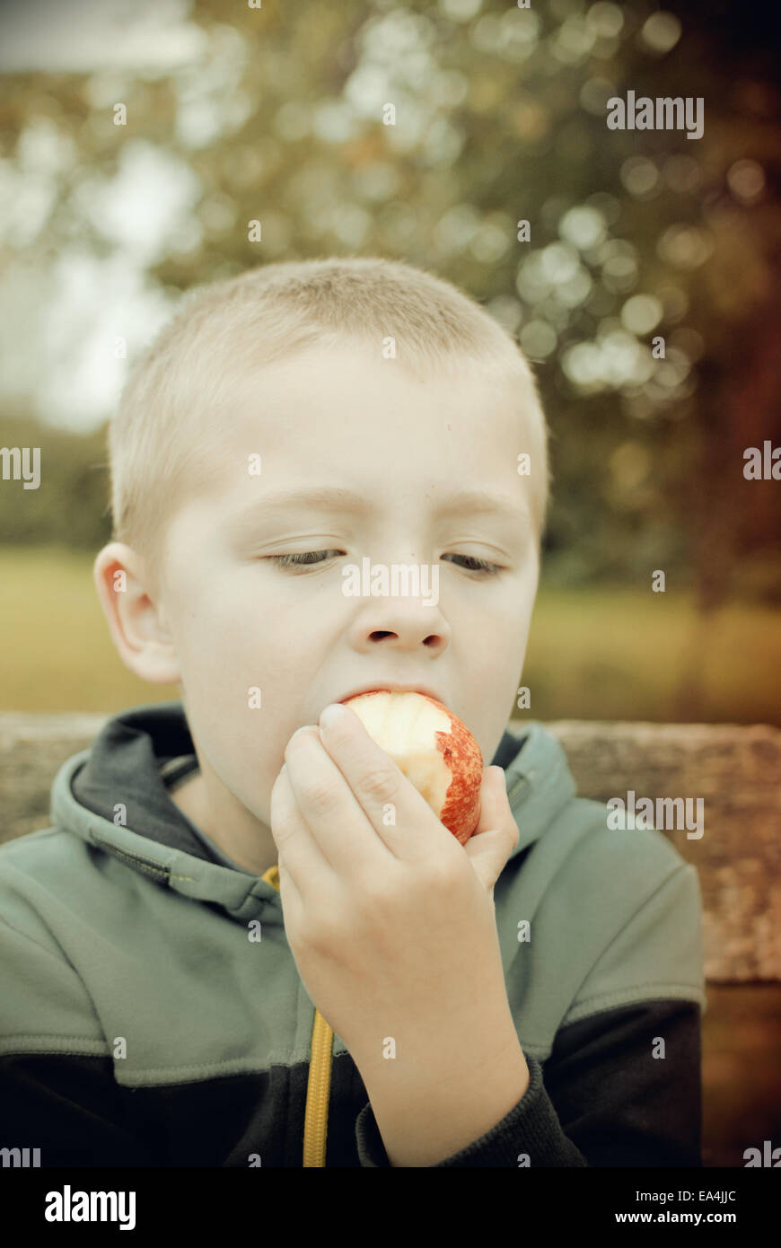 small boy eating apple in the park Stock Photo - Alamy