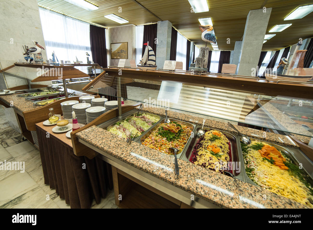Restaurant buffet with the trays with salads at the counter Stock Photo ...