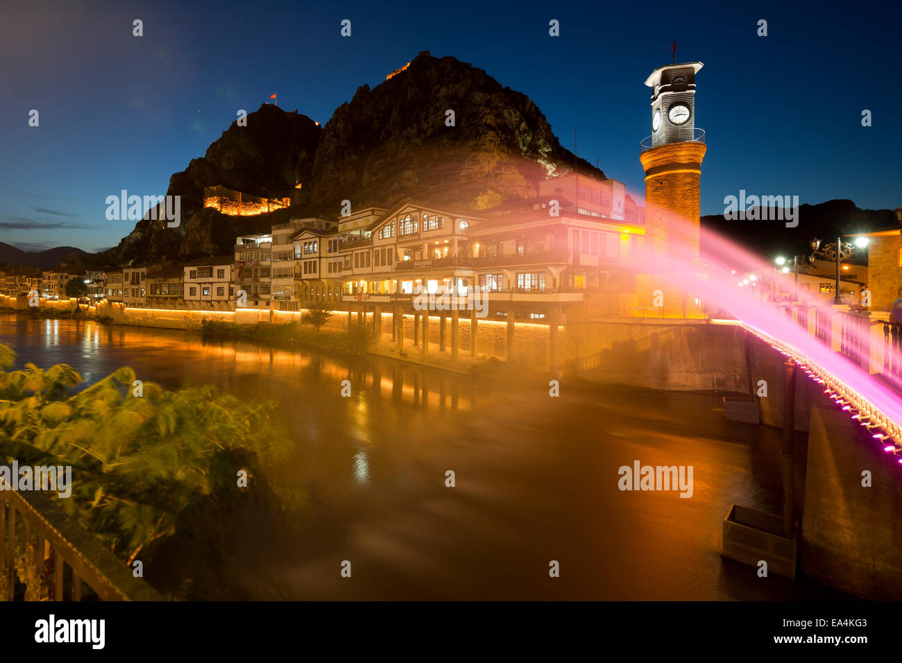night view of town of Amasya on the banks of the Yesilirmak river ...