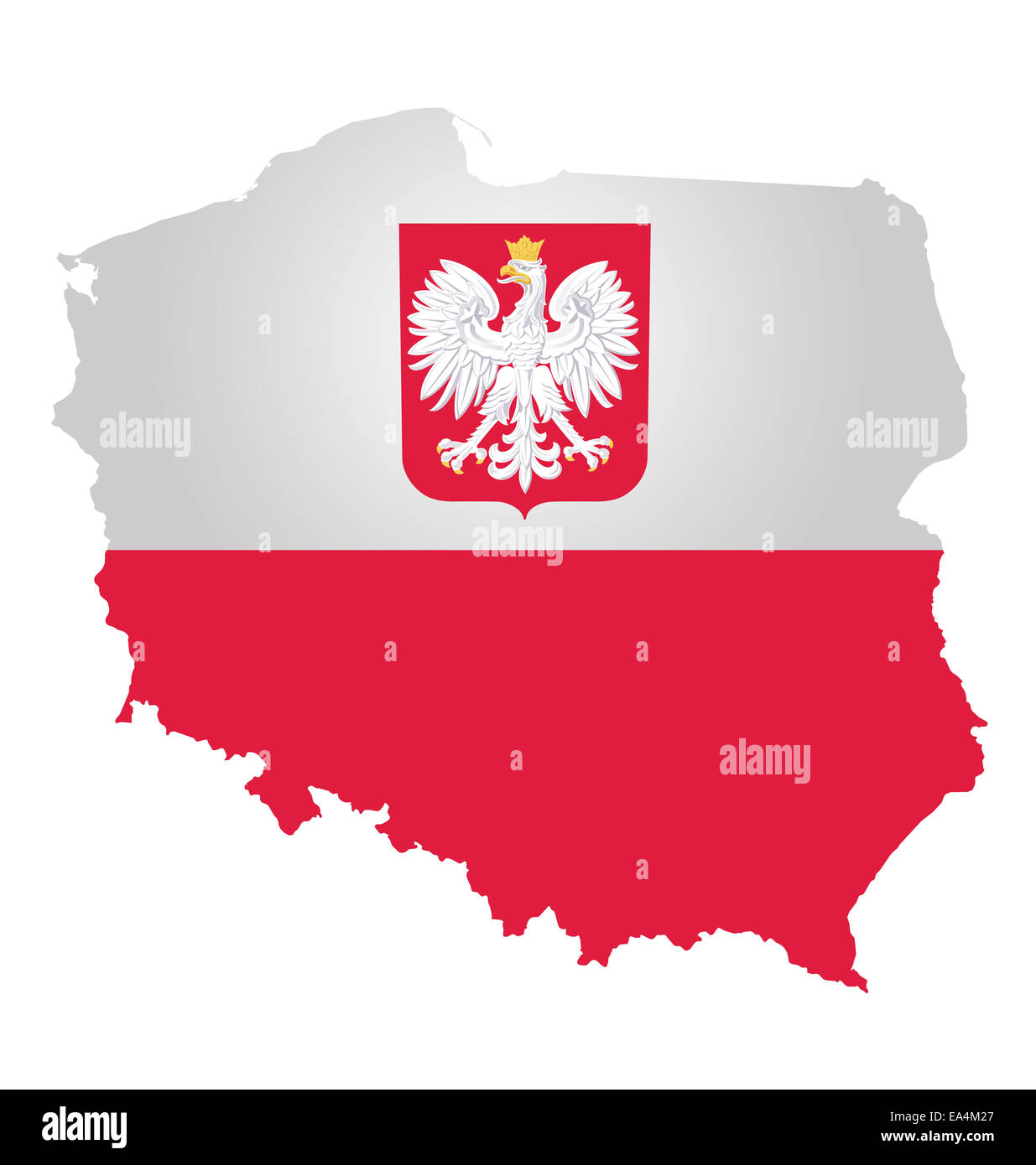 Flag and coat of arms of the Republic of Poland overlaid on outline map ...