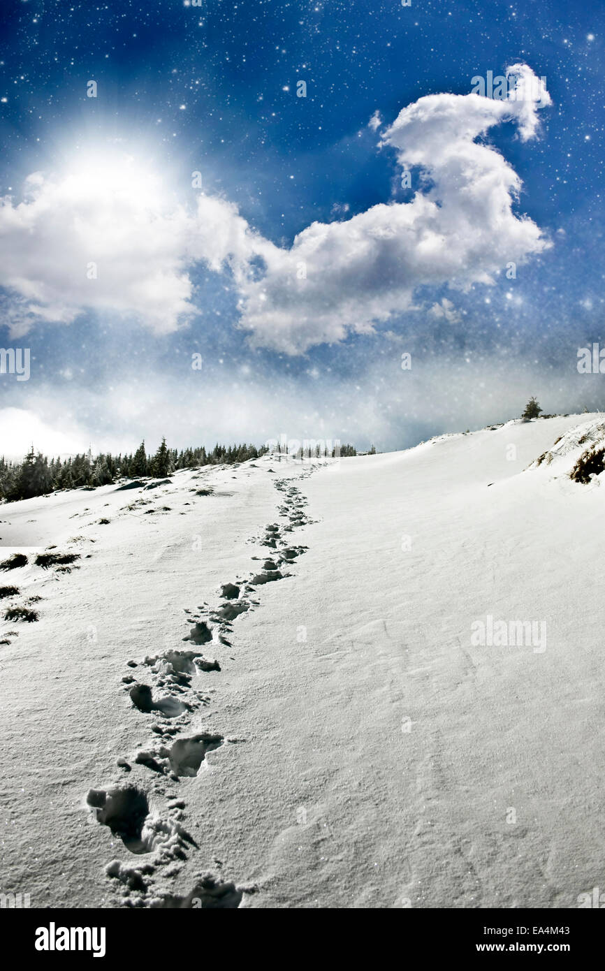 Snowy path on the hillside and beautiful abtract evening sky Stock ...