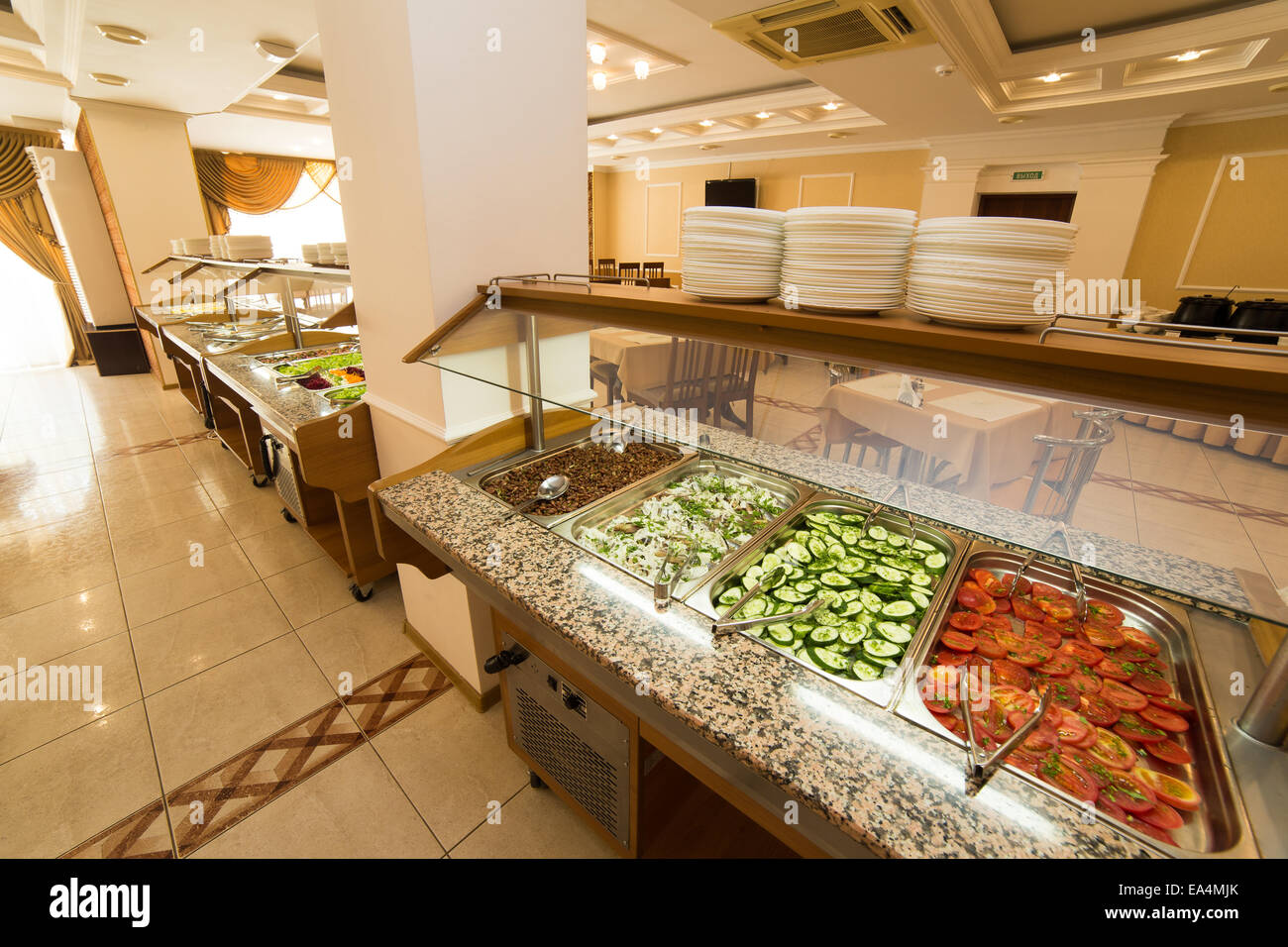 Restaurant buffet with the trays with salads at the counter Stock Photo ...