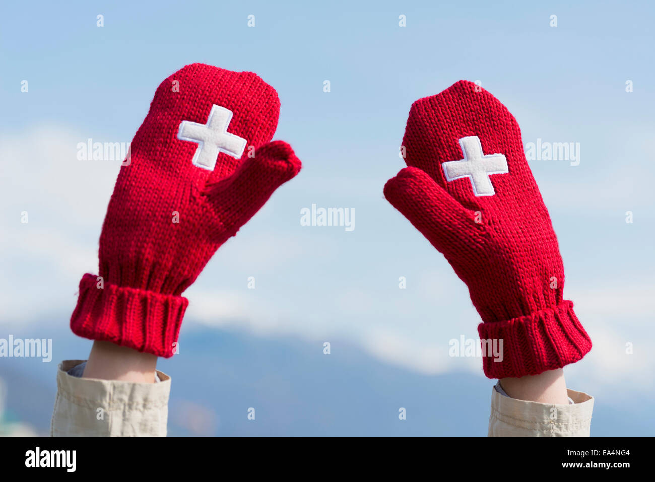 Mittens with the Swiss flag symbol; Ascona, Ticino, Switzerland Stock ...