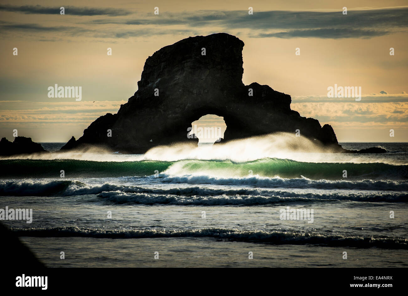 Surf breaks near a natural arch; Cannon Beach, Oregon, United States of ...