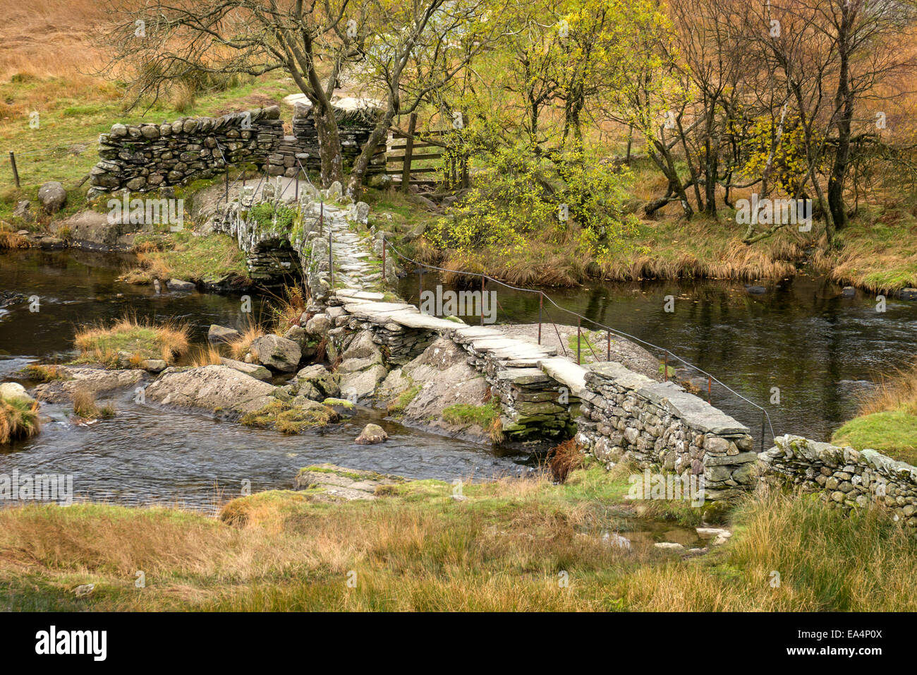 Slater bridge, old stone pack horse bridge over River Brathay in Little ...