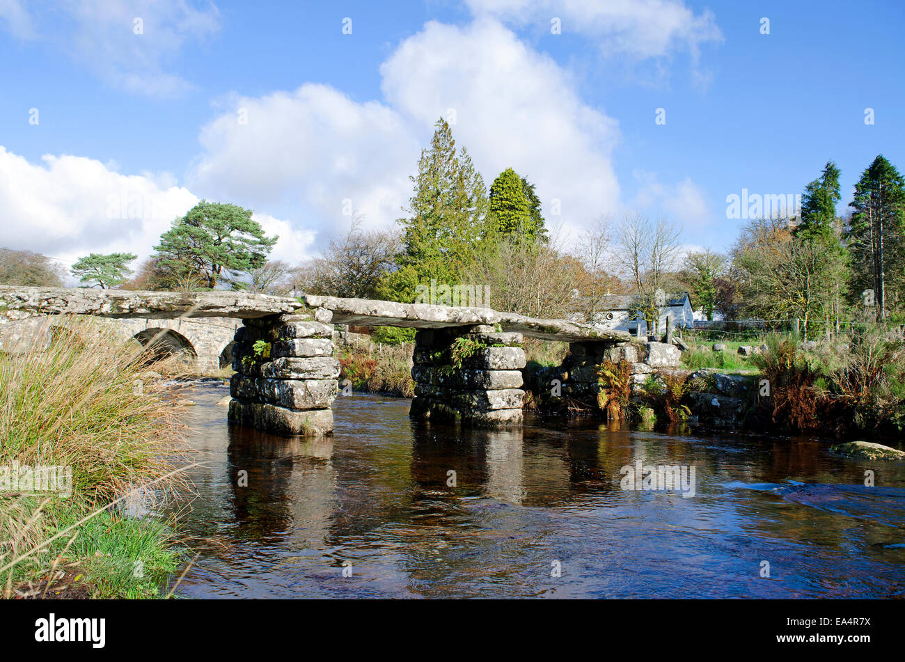 The ancient clapper bridge at Postbridge on Dartmoor, Devon, UK Stock ...