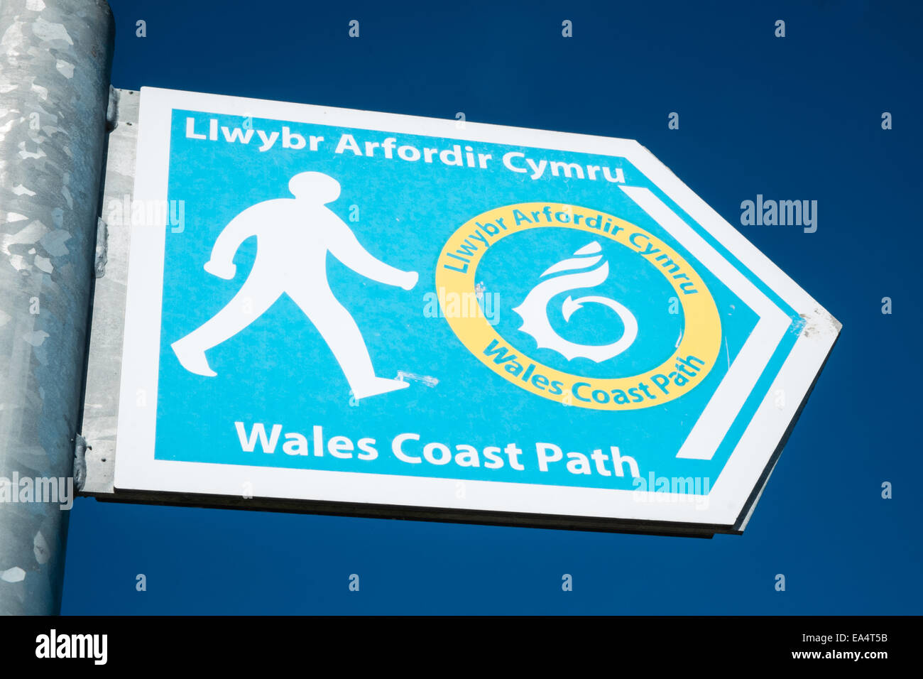 Wales Coast Path signpost in two languages,Welsh and English, at the ...