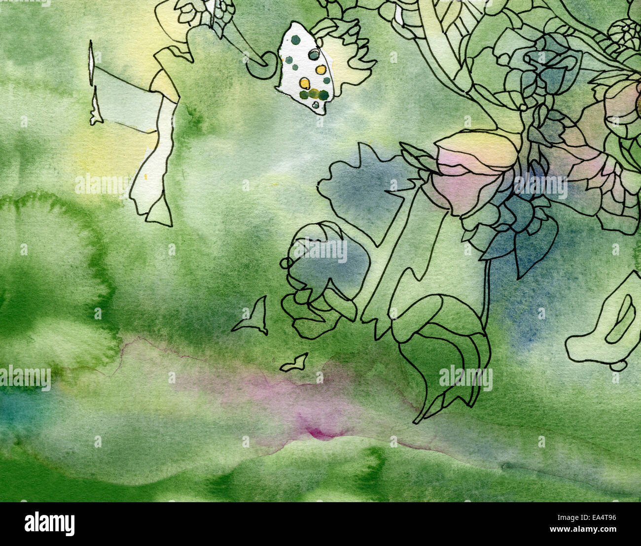 Green watercolor and ink background texture in soft splatter and ...