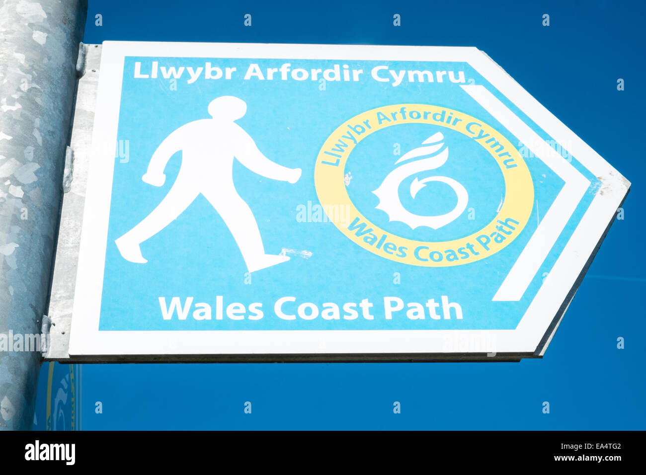 Wales Coast Path signpost in two languages,Welsh and English, at the ...