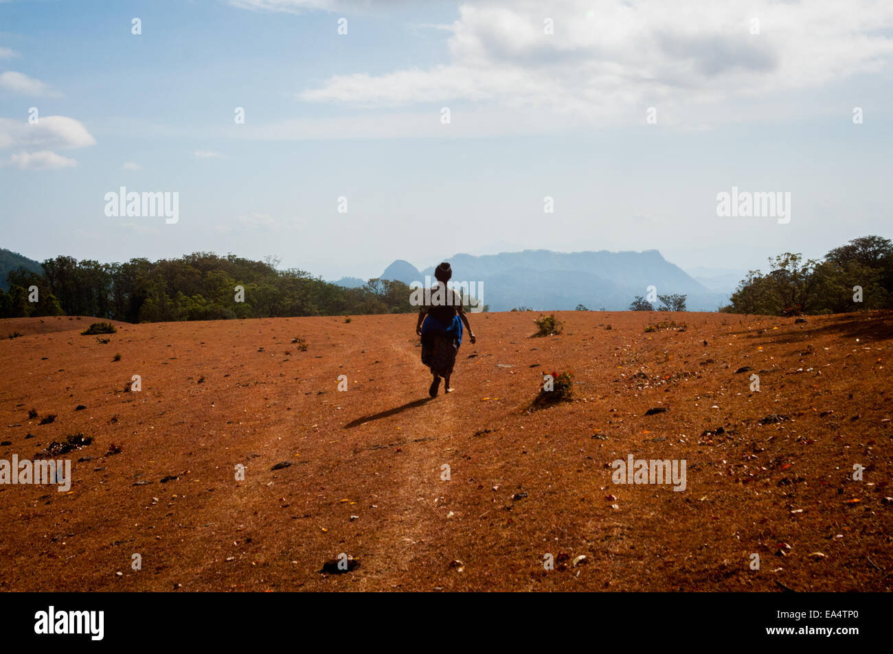 A woman walking on a dry grassland between Fatumnasi village and Mount ...