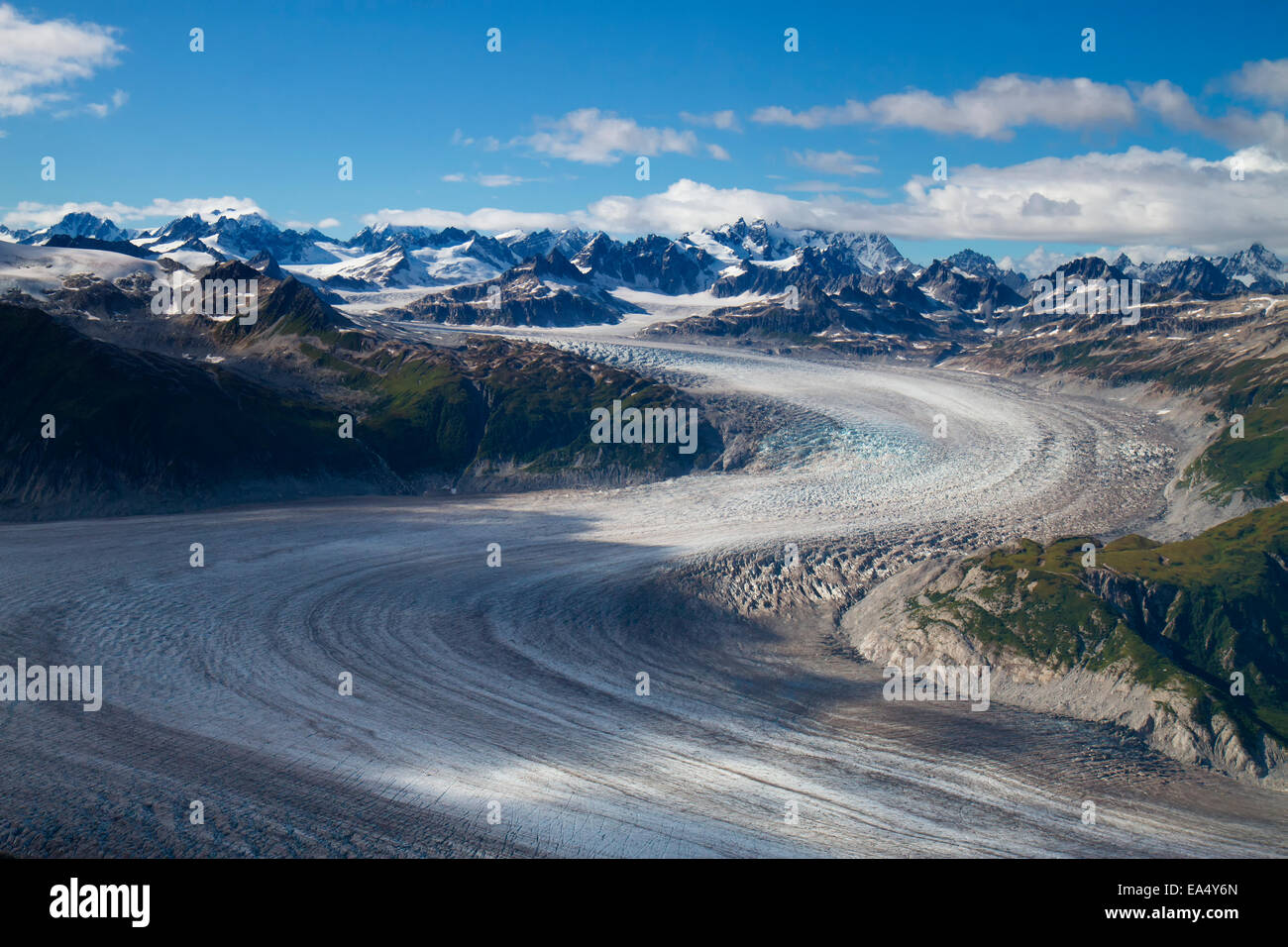 Aerial view of a meandering glacier within Lake Clark Pass ...
